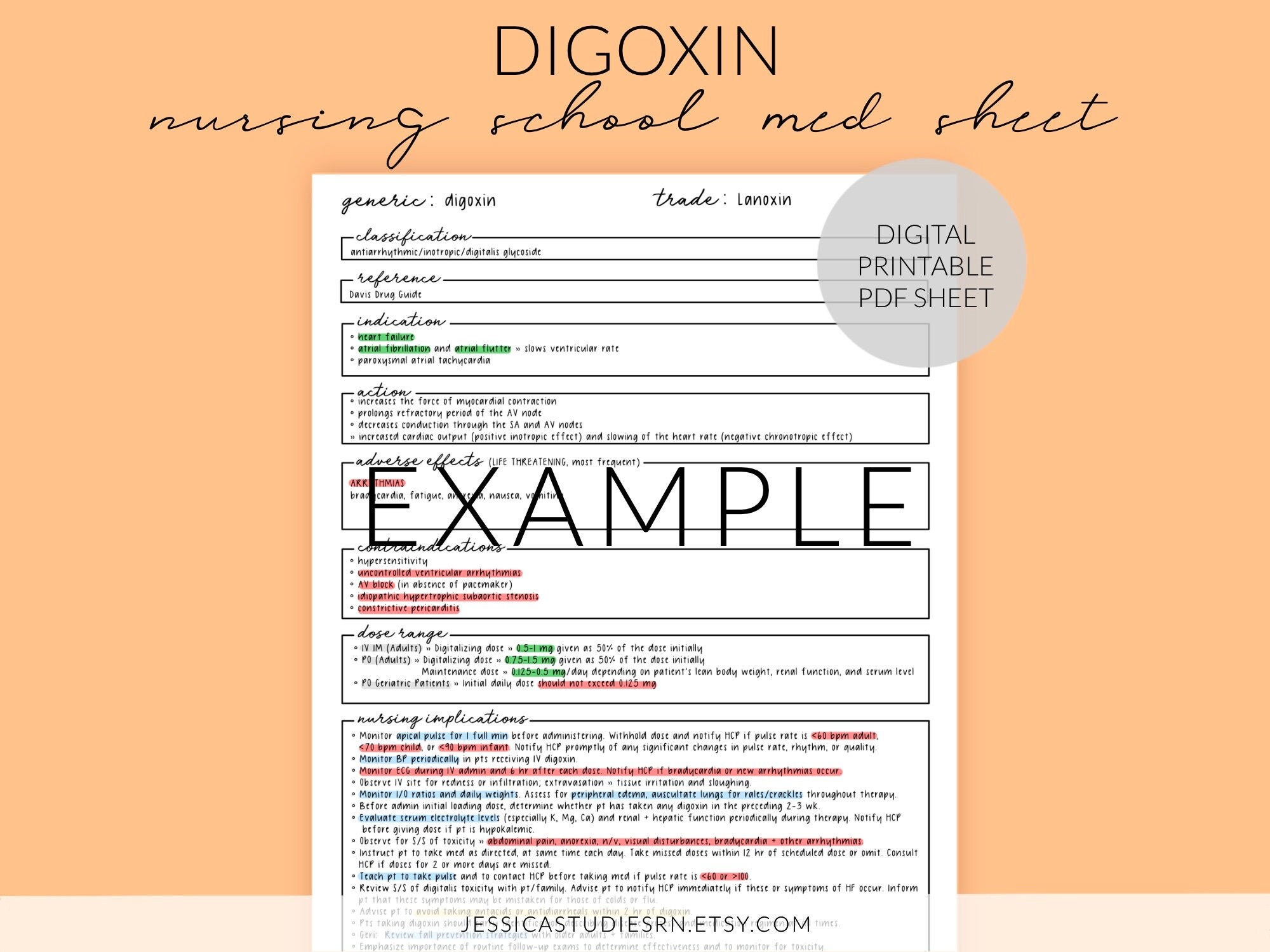 DIGOXIN Medication Sheet Nursing School Med Sheets Nursing | Etsy