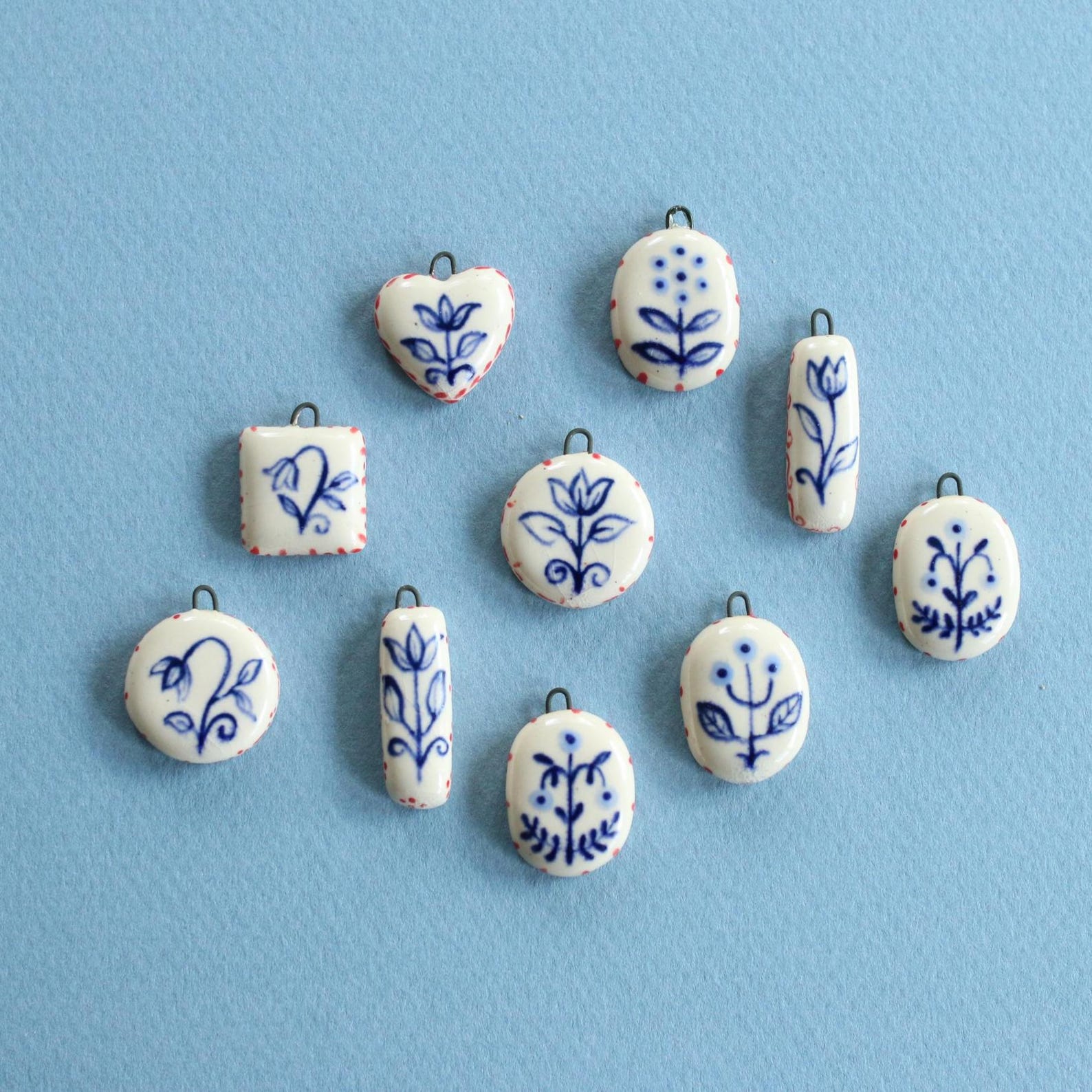 Blue Ceramic Folk Flower Charms - Handmade Ceramic Jewelry - Hand ...