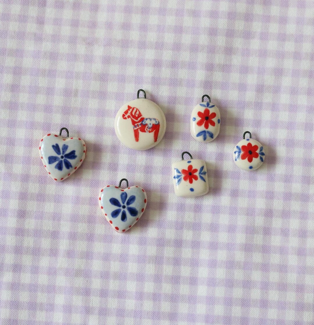 Ceramic Flower Charm Hand Painted Ceramic Pendant Red Flower Swedish ...