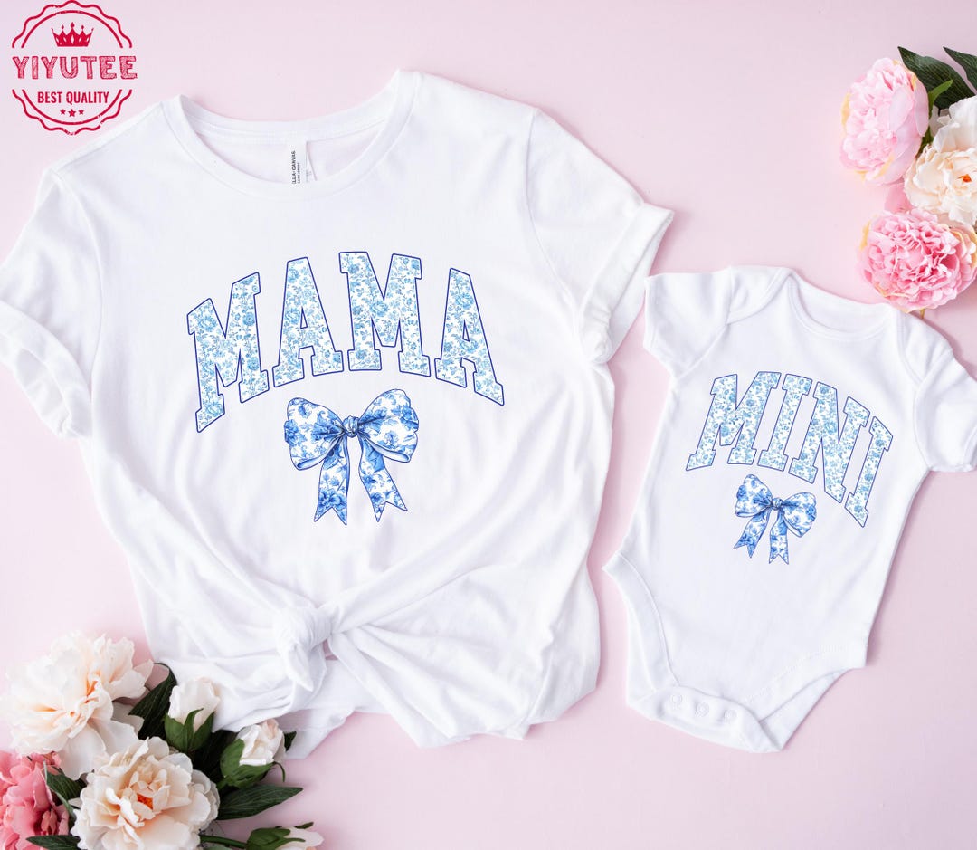 Coquette Mama Mini Matching Outfits, Blue Floral Bow Shirts - Etsy