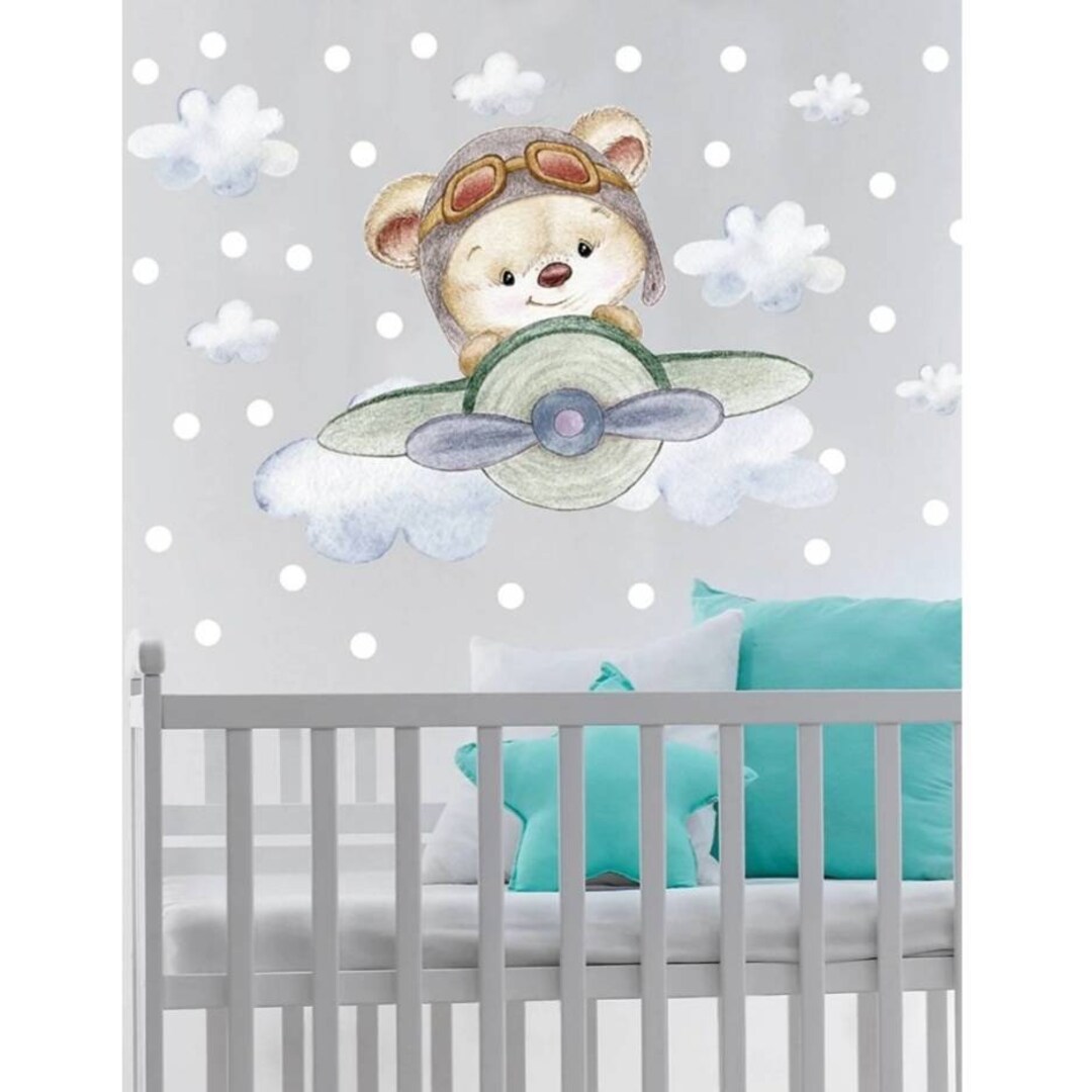 Cute Teddy Bear Kids Wall Decal Watercolor Wall Decal Nursery Cloud ...