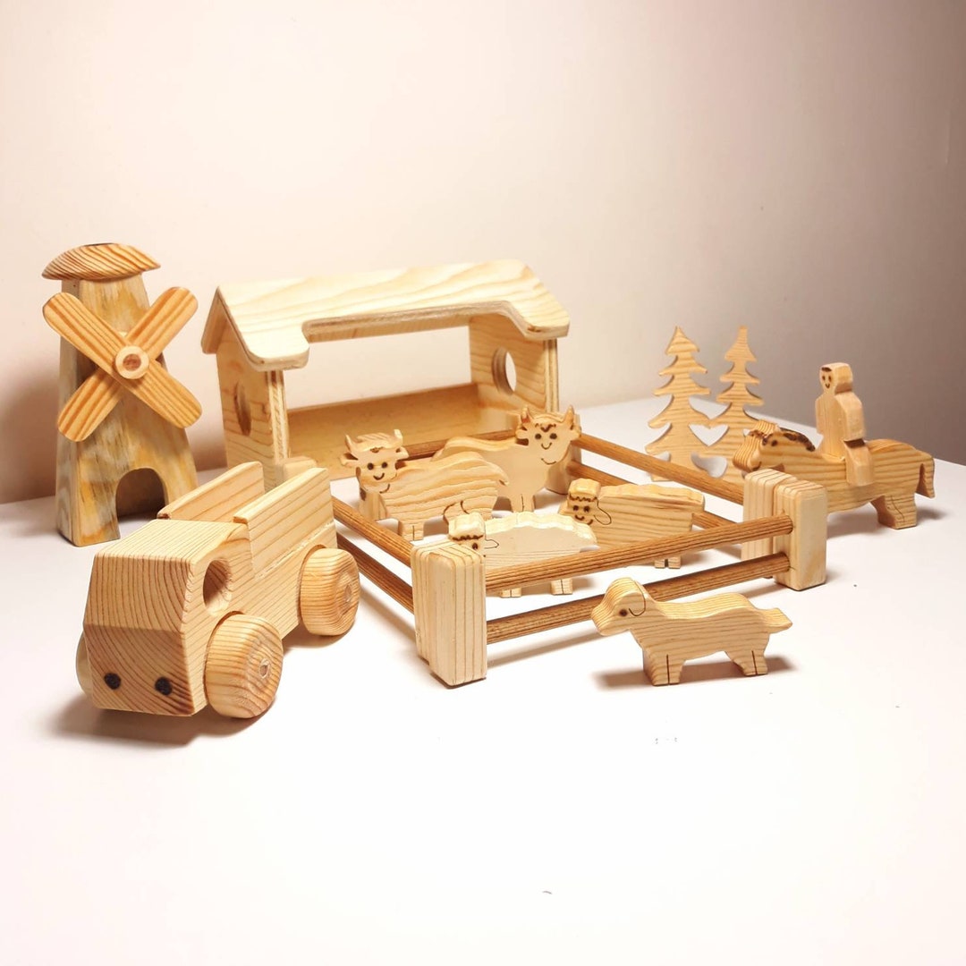 Wooden Farm Toy Set Farm Animals Wooden Farm Set Dollhouse Furniture ...
