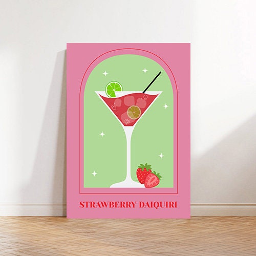 Strawberry Daiquiri Retro Poster, Trendy Retro Print, Strawberry ...