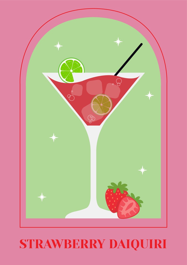Strawberry Daiquiri Retro Poster, Trendy Retro Print, Strawberry ...