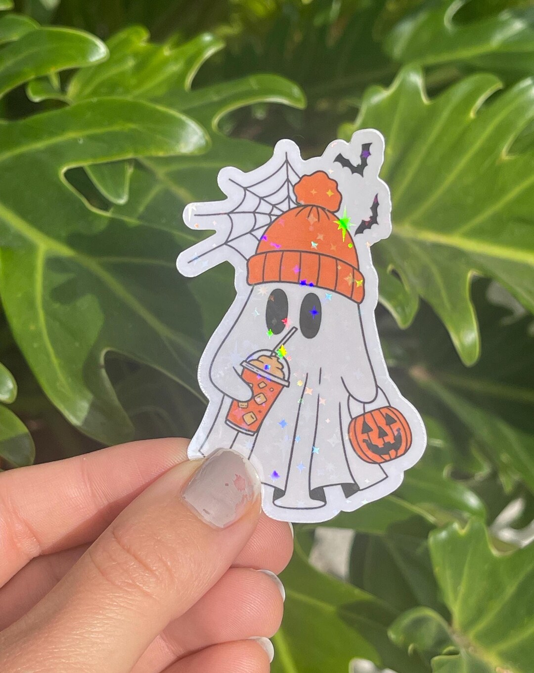 Pumpkin Spice Latte Sticker, Cute Ghost Halloween Sticker, Holographic ...