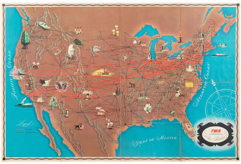 Original 1948 Pictorial Map of the Routes of TWA - Etsy