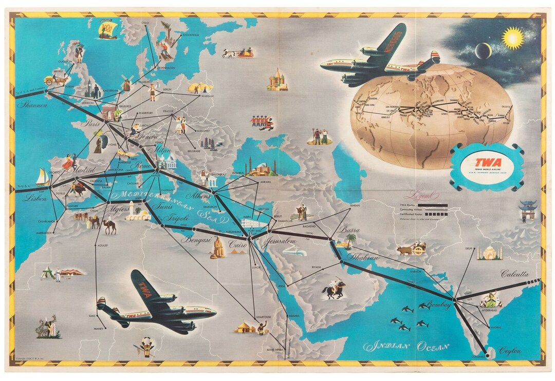 Original 1948 Pictorial Map of the Routes of TWA - Etsy