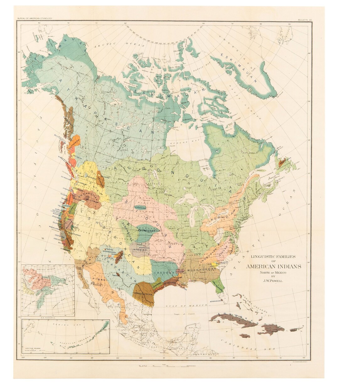 Original C.1910 Antique Map Showing Linguistic Families of American ...