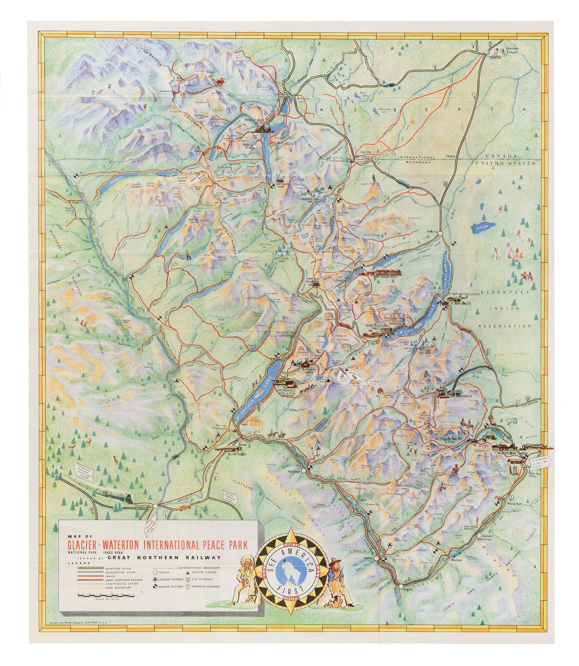 Original 1939 Pictorial Map of Glacier / Waterton National Parks - Etsy