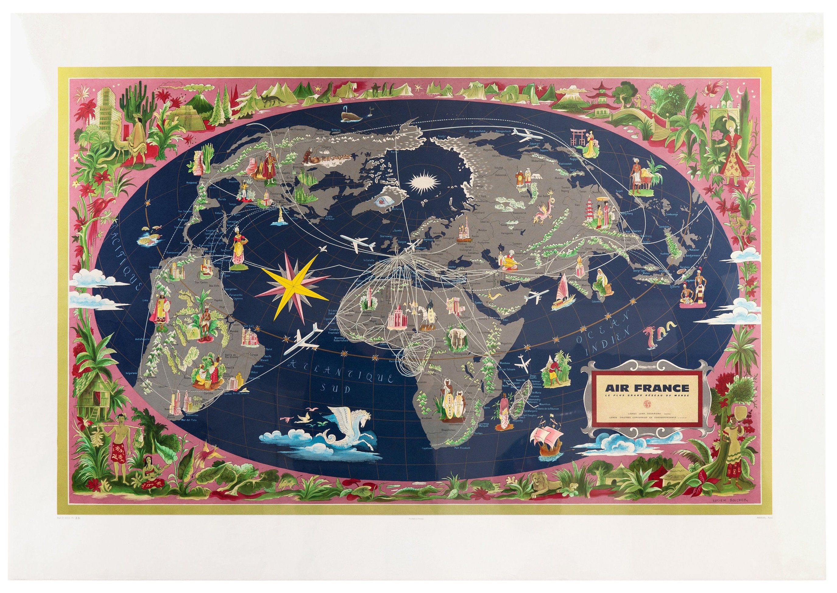Original 1961 Air France Mid-century Pictorial Route Map by Lucien ...