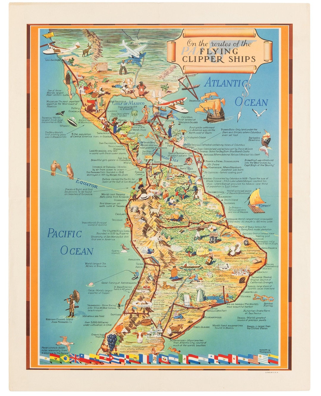 Original C.1940 Vintage Poster "on the Routes of the Flying Clippers ...