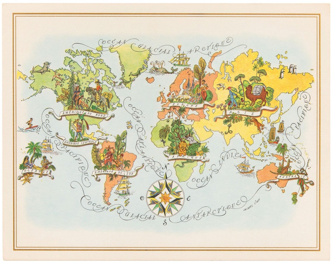 Original 1960 Mid-century Pictorial Map of the World by Jacques Liozu ...