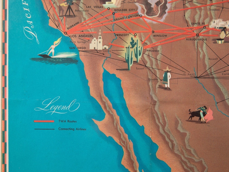 Original 1948 Pictorial Map of the Routes of TWA - Etsy