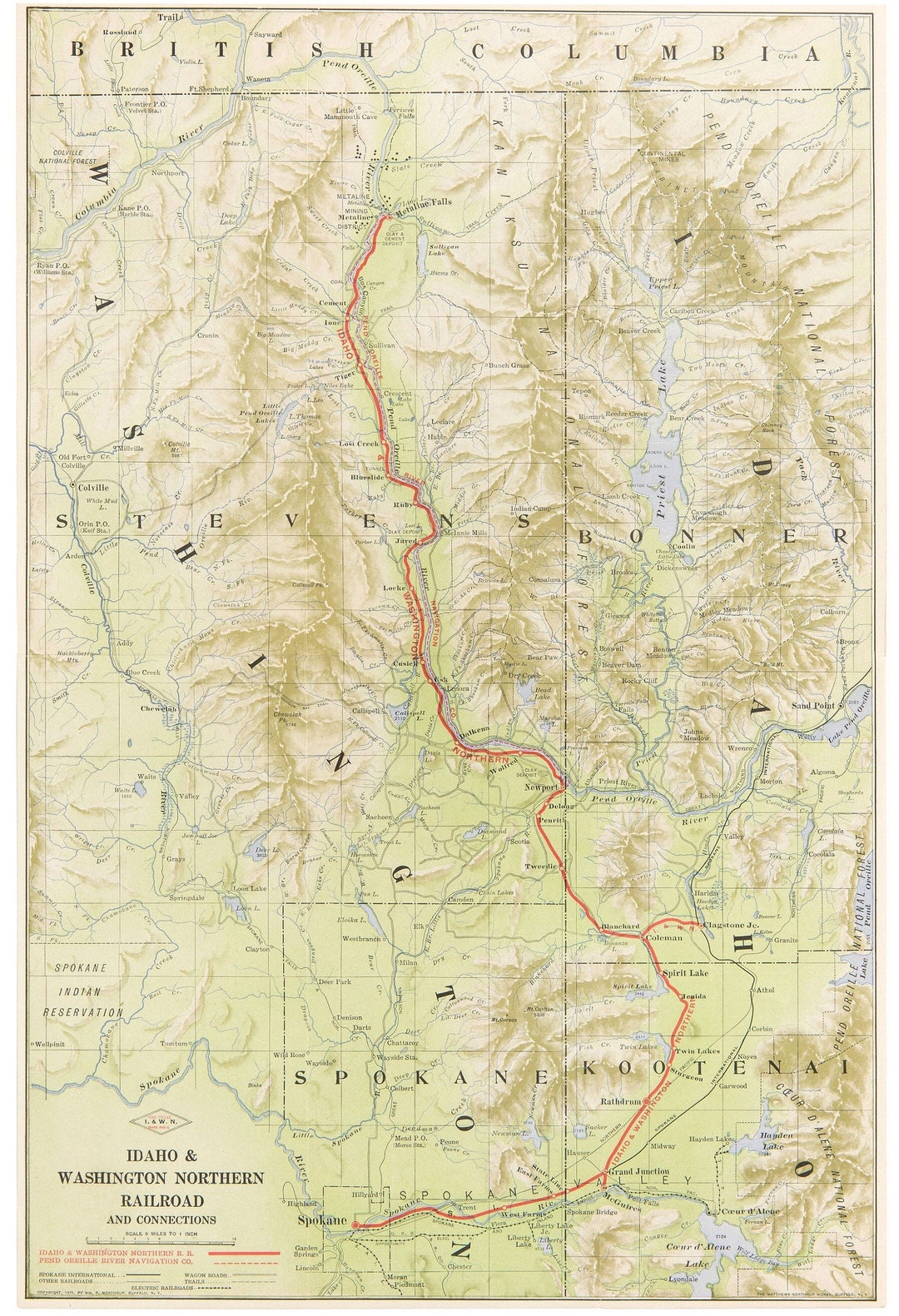 Original 1910 Map of the Idaho & Washington Northern Railroad by Wm. P ...