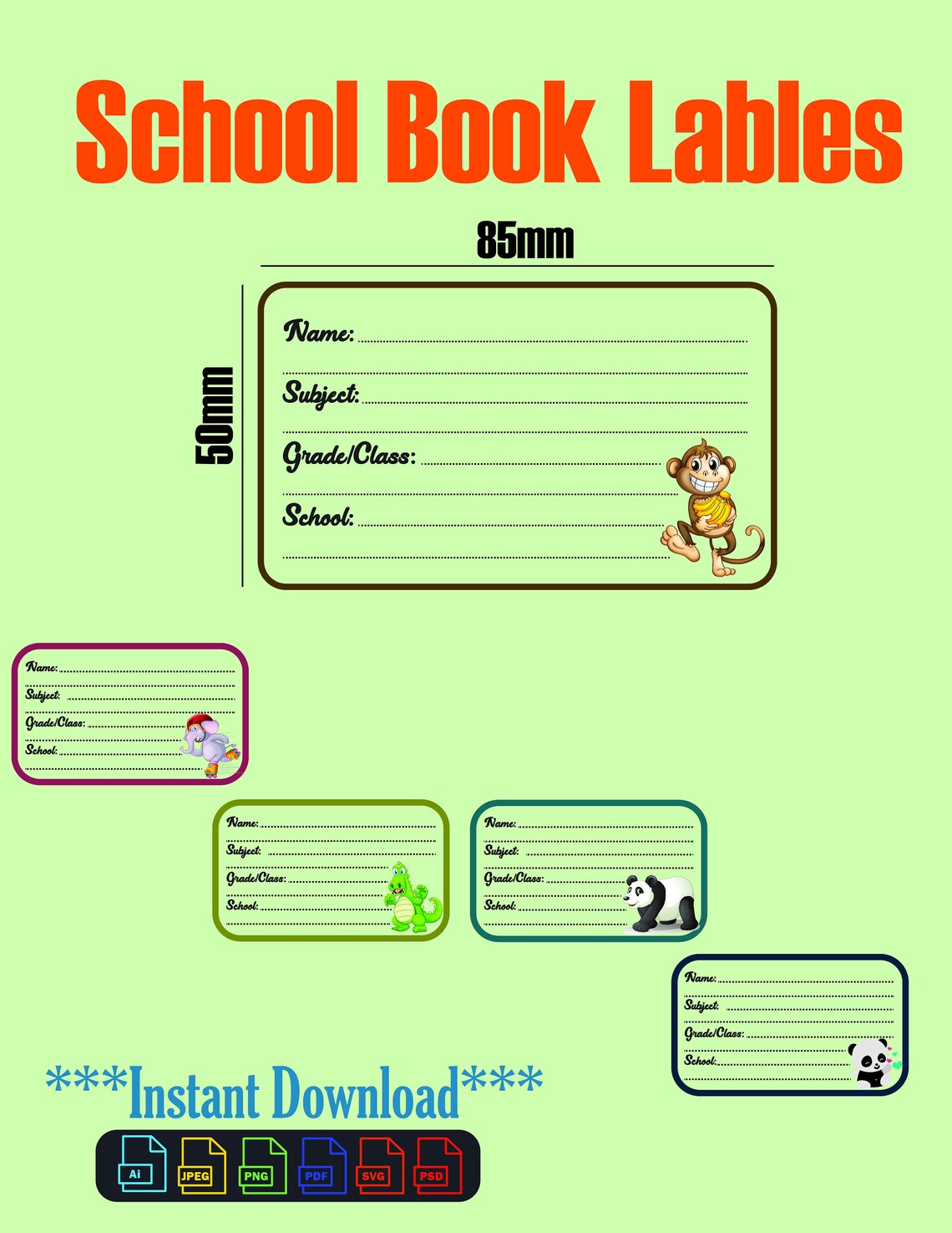 Printable School Book Lable With Cute Animals L Back to School L for Lids L Per-school 2023 - Etsy