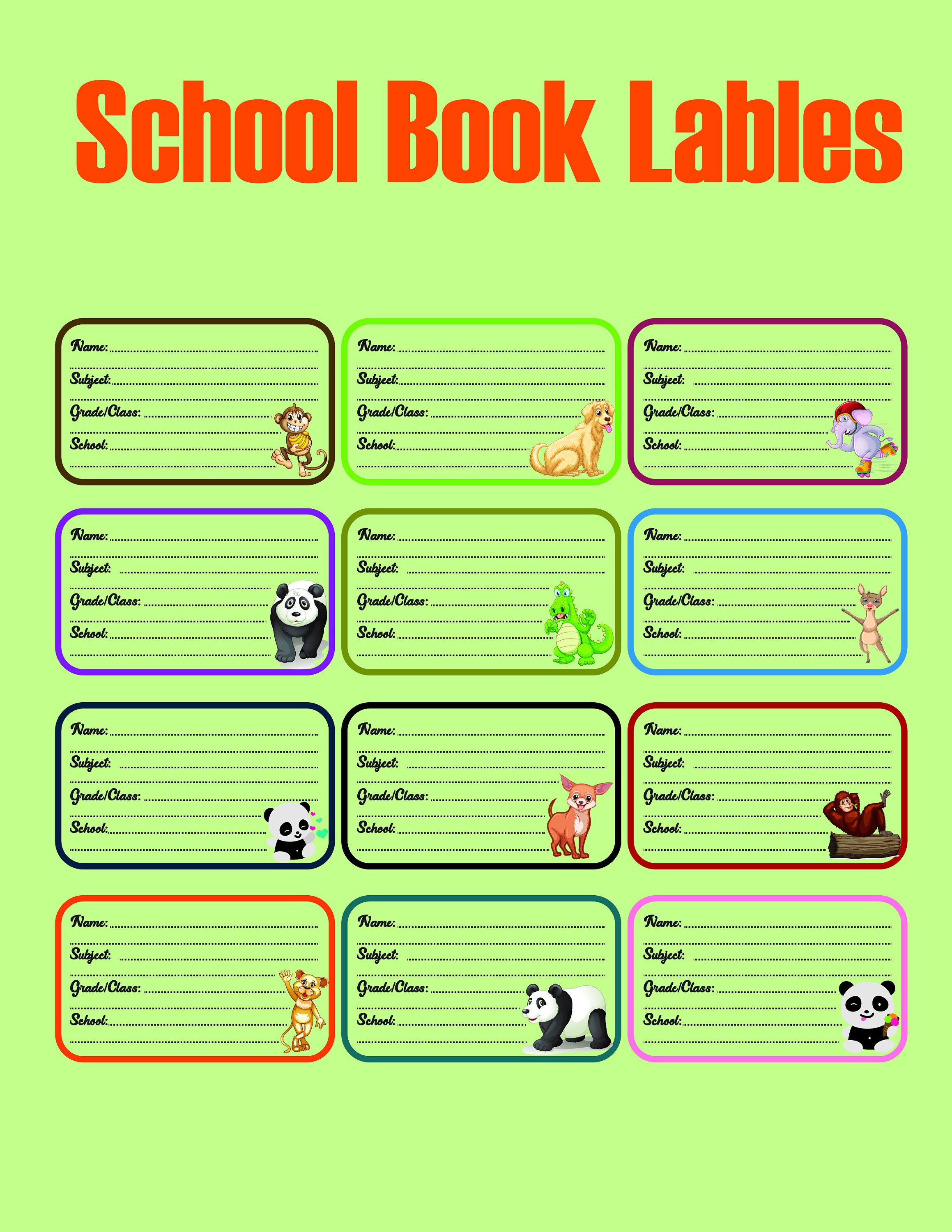 Printable School Book Lable With Cute Animals L Back to School L for Lids L Per-school 2023 - Etsy