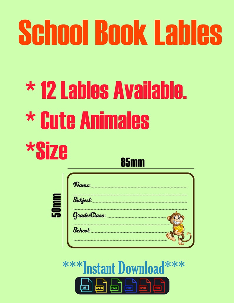 Printable School Book Lable With Cute Animals L Back to School L for Lids L Per-school 2023 - Etsy