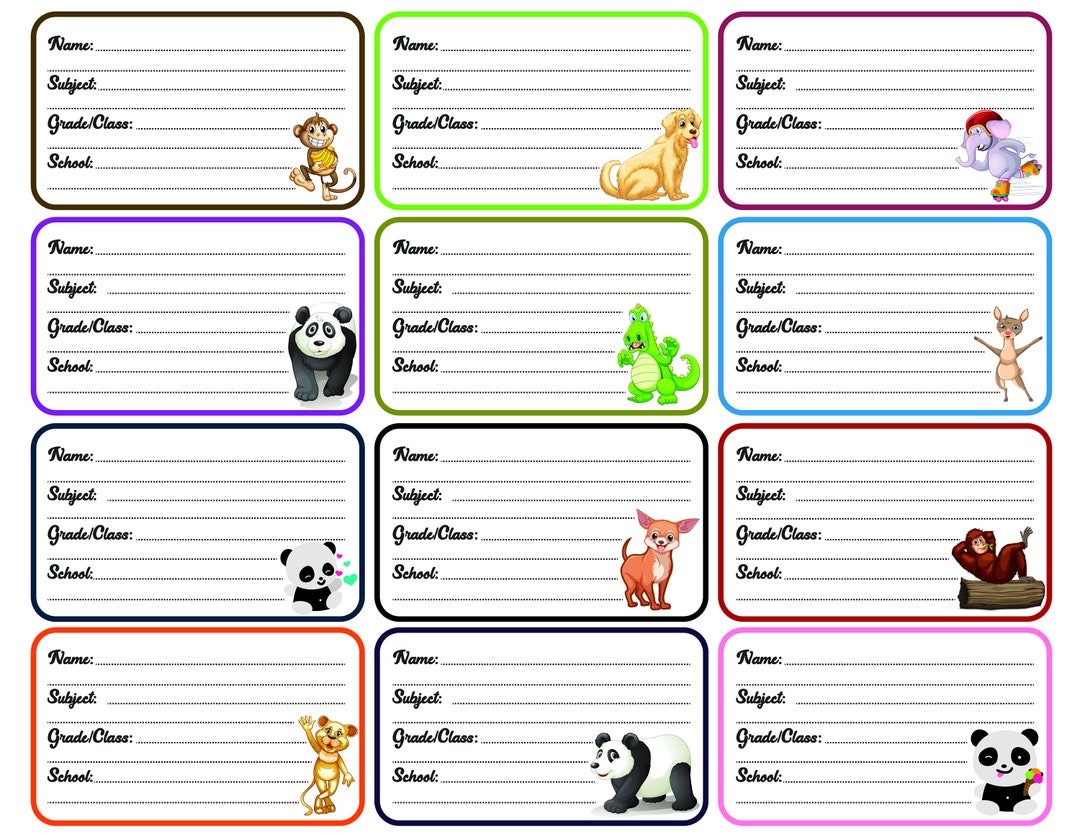 Printable School Book Lable With Cute Animals L Back to School L for Lids L Per-school 2023 - Etsy
