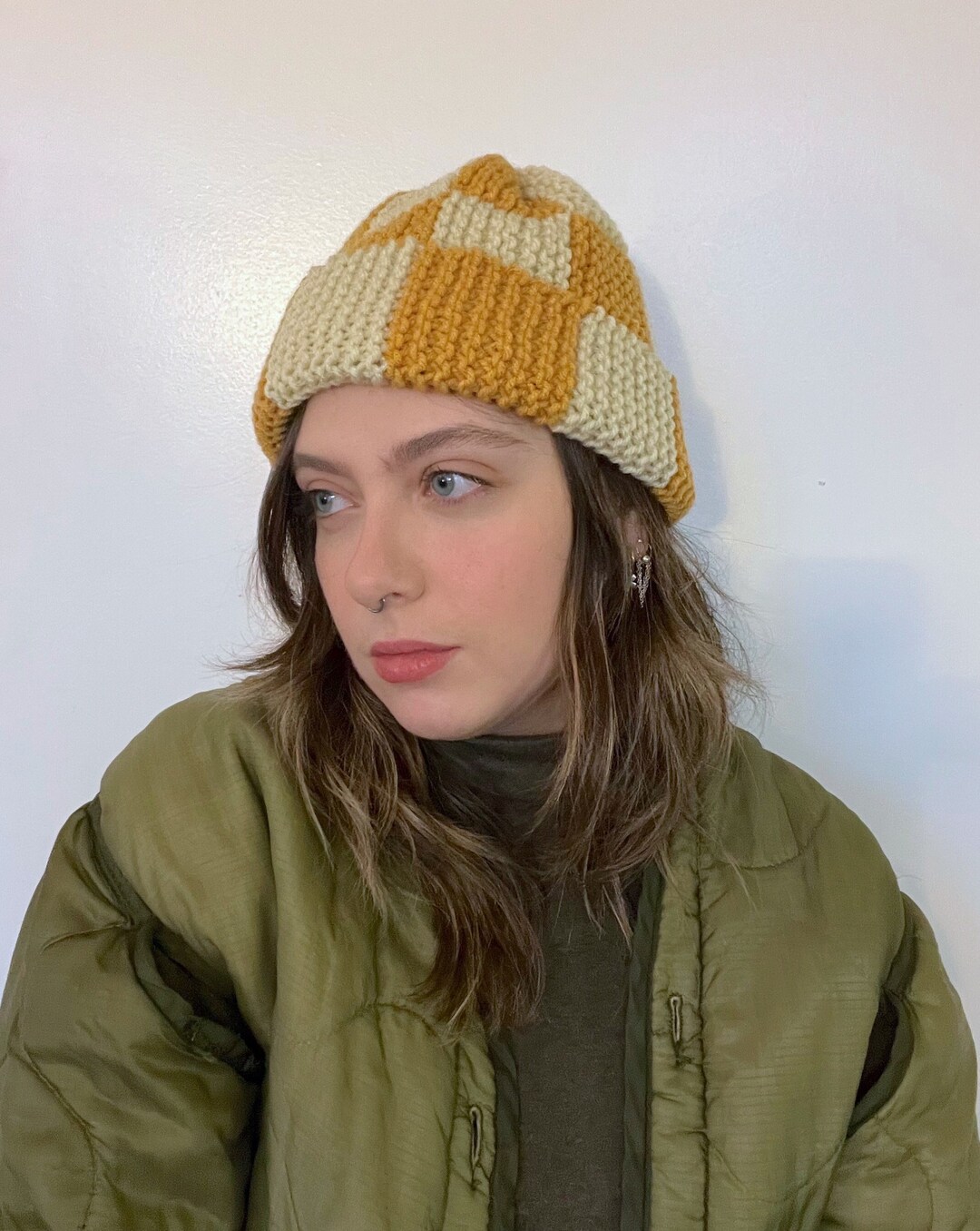 Hand Knitted Checkered Hat - Etsy