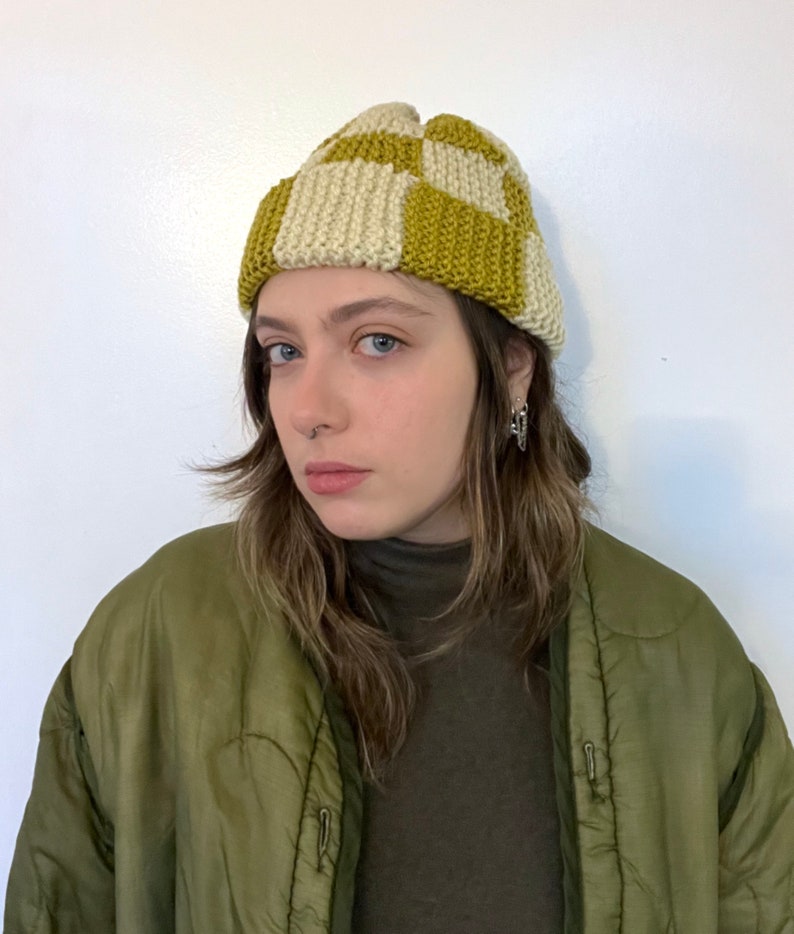 Hand Knitted Checkered Hat - Etsy