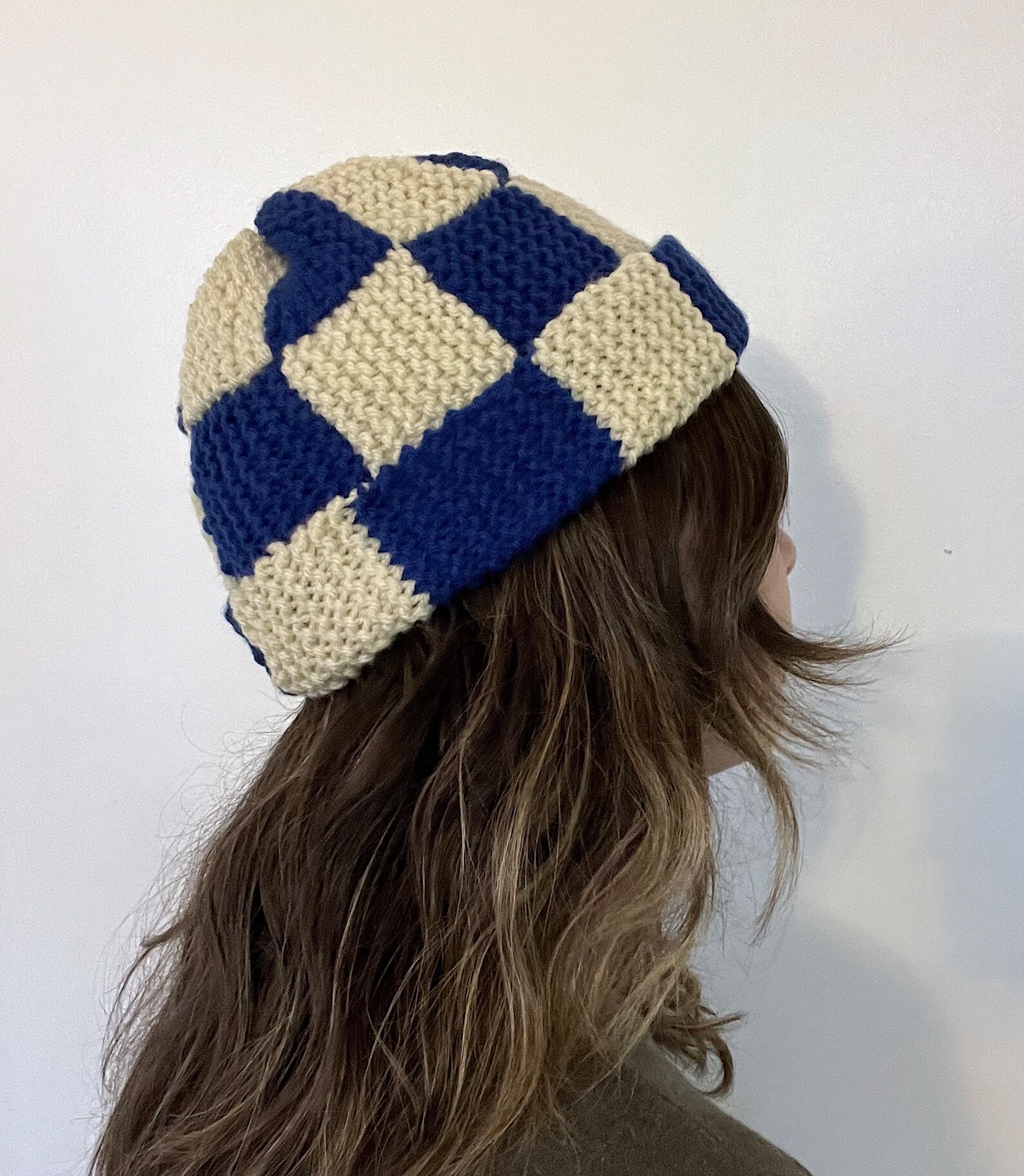 Hand Knitted Checkered Hat - Etsy