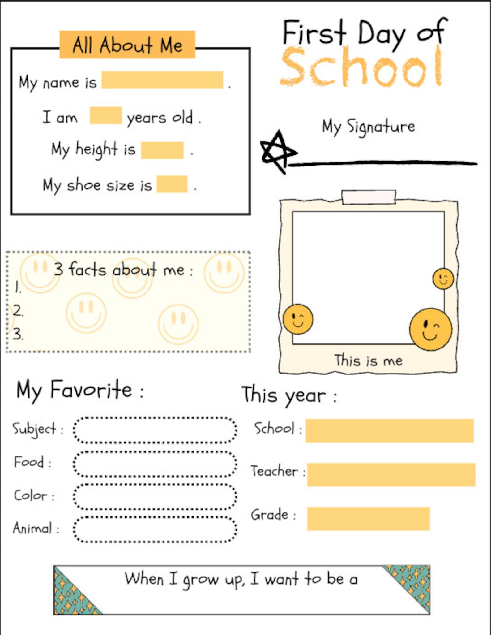 Student First Day of School Info Sheet, Worksheet, Back to School ...