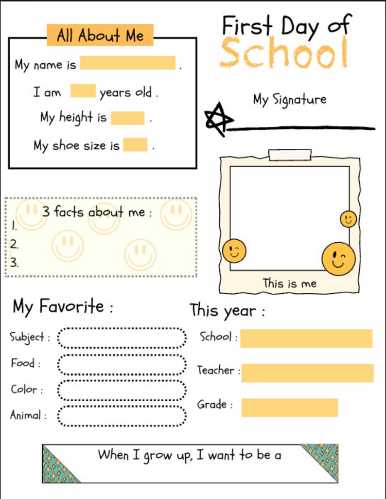Student First Day of School Info Sheet, Worksheet, Back to School ...