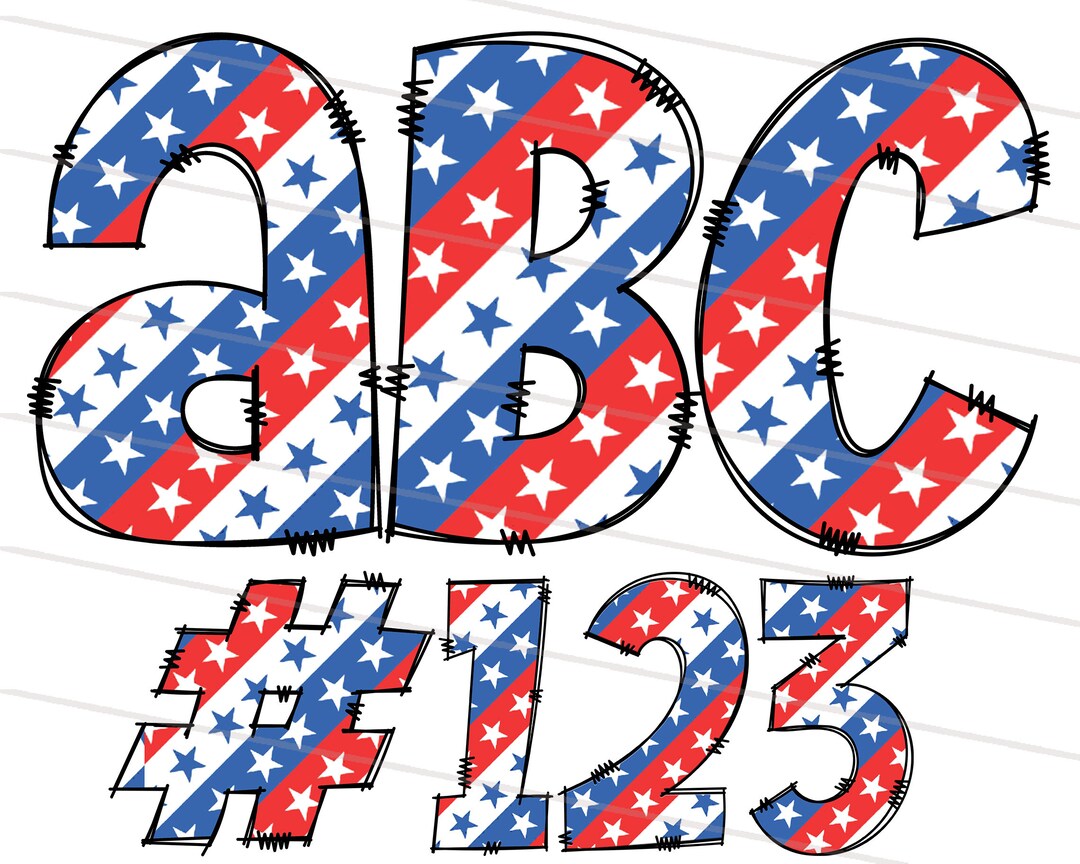 USA Stars Alphabet Letters PNG Bundle, Patriotic American Flag Doodle ...