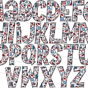 4th of July Alphabet Letters PNG Bundle, Patriotic American Flag Doodle ...