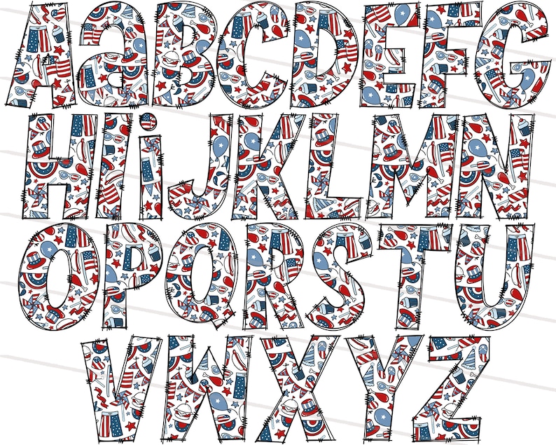 4th of July Alphabet Letters PNG Bundle, Patriotic American Flag Doodle ...