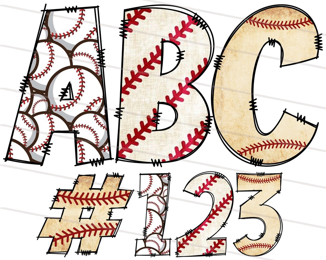 Baseball Doodle Font Bundle PNG, Hand Drawn Retro Baseball Pattern ...
