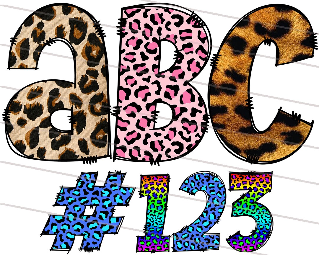 5 Different Leopard Doodle Font Bundle PNG, Hand Drawn Cheetah Letter ...