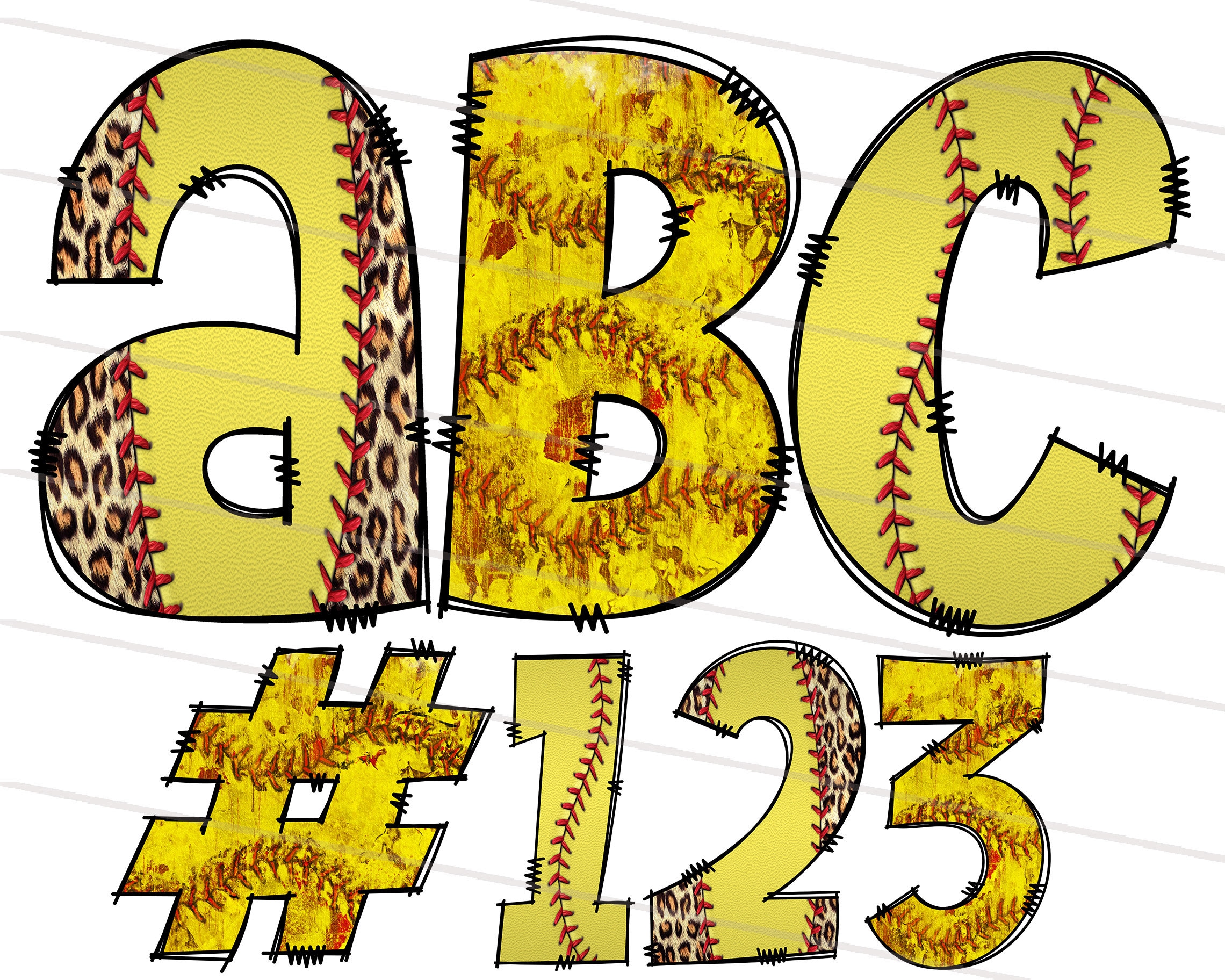 3 Different Leopard Doodle Softball Letters PNG Bundle, Digital Retro ...