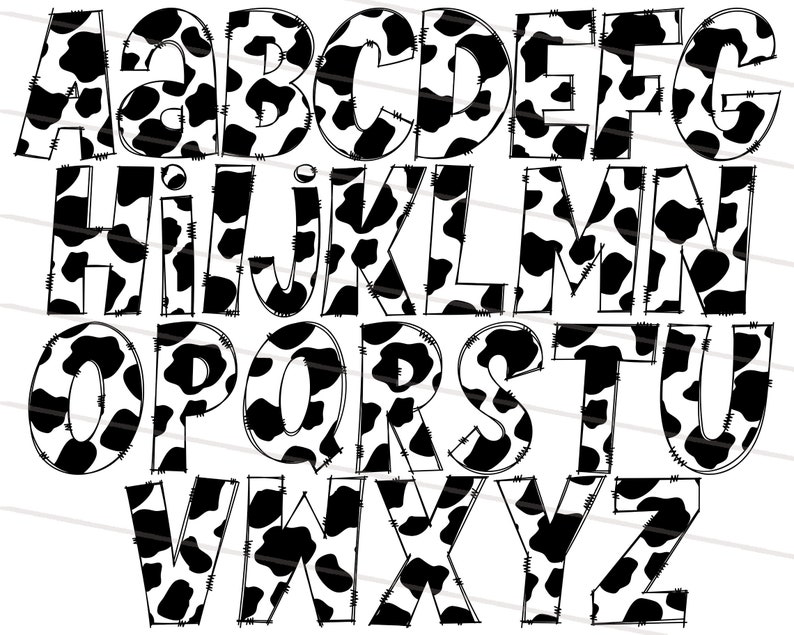 3 Different Western Cow Hide Doodle Font Bundle PNG, Hand Drawn Cow ...