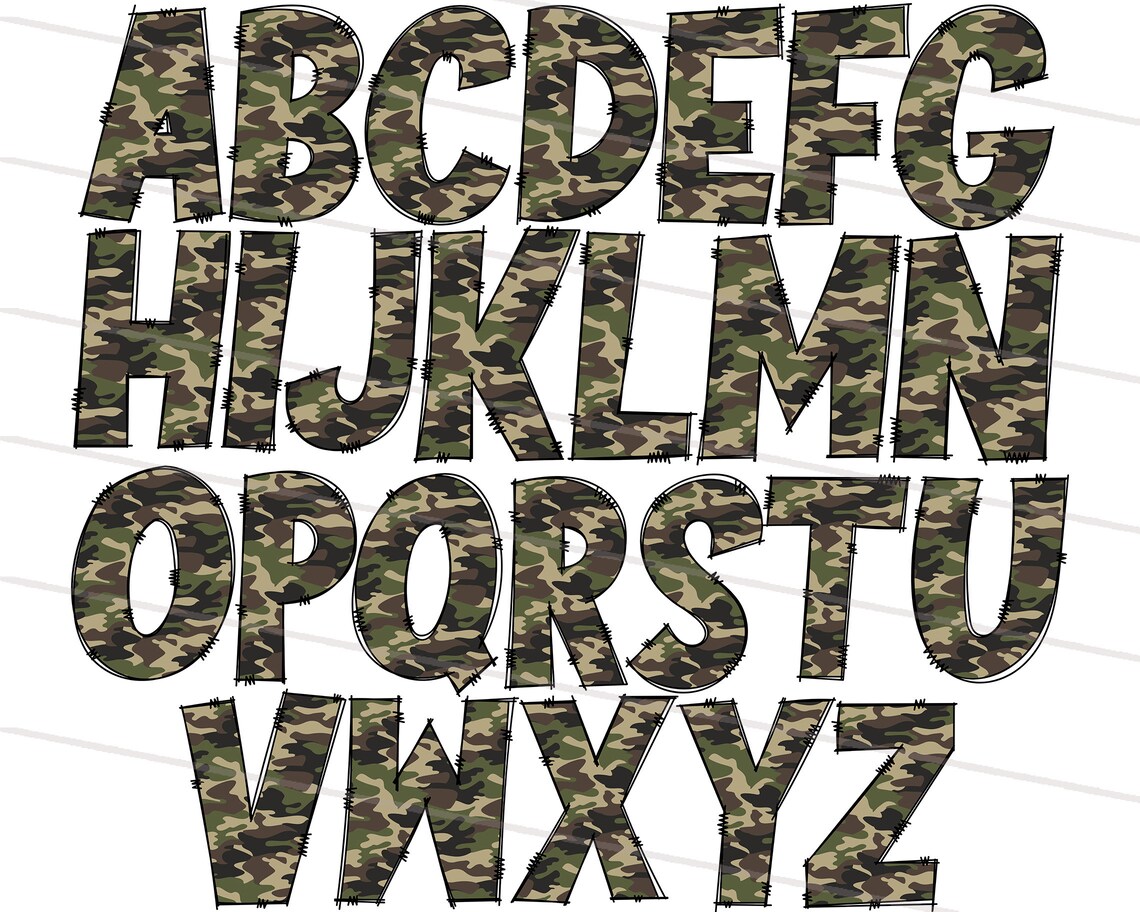 Camo Doodle Font Bundle PNG Hand Drawn Camouflage Letter | Etsy