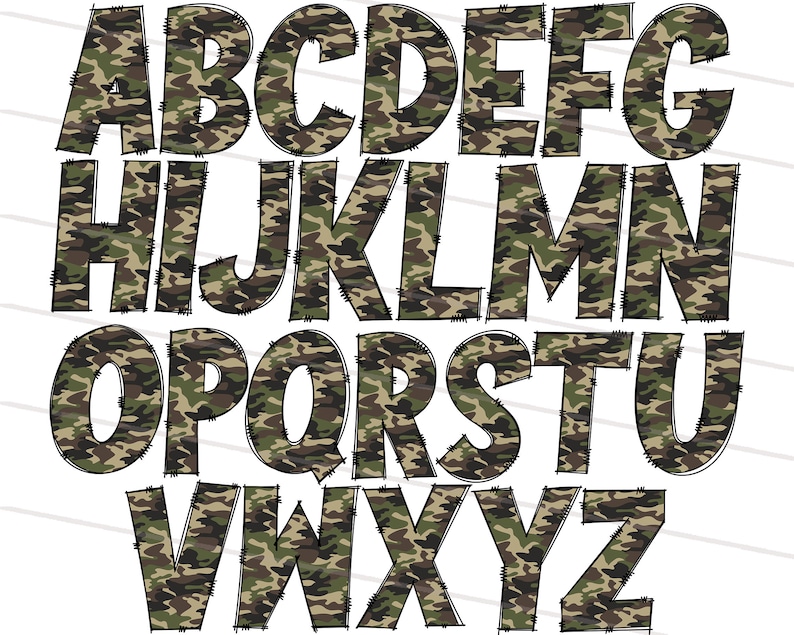 Camo Doodle Font Bundle PNG Hand Drawn Camouflage Letter | Etsy