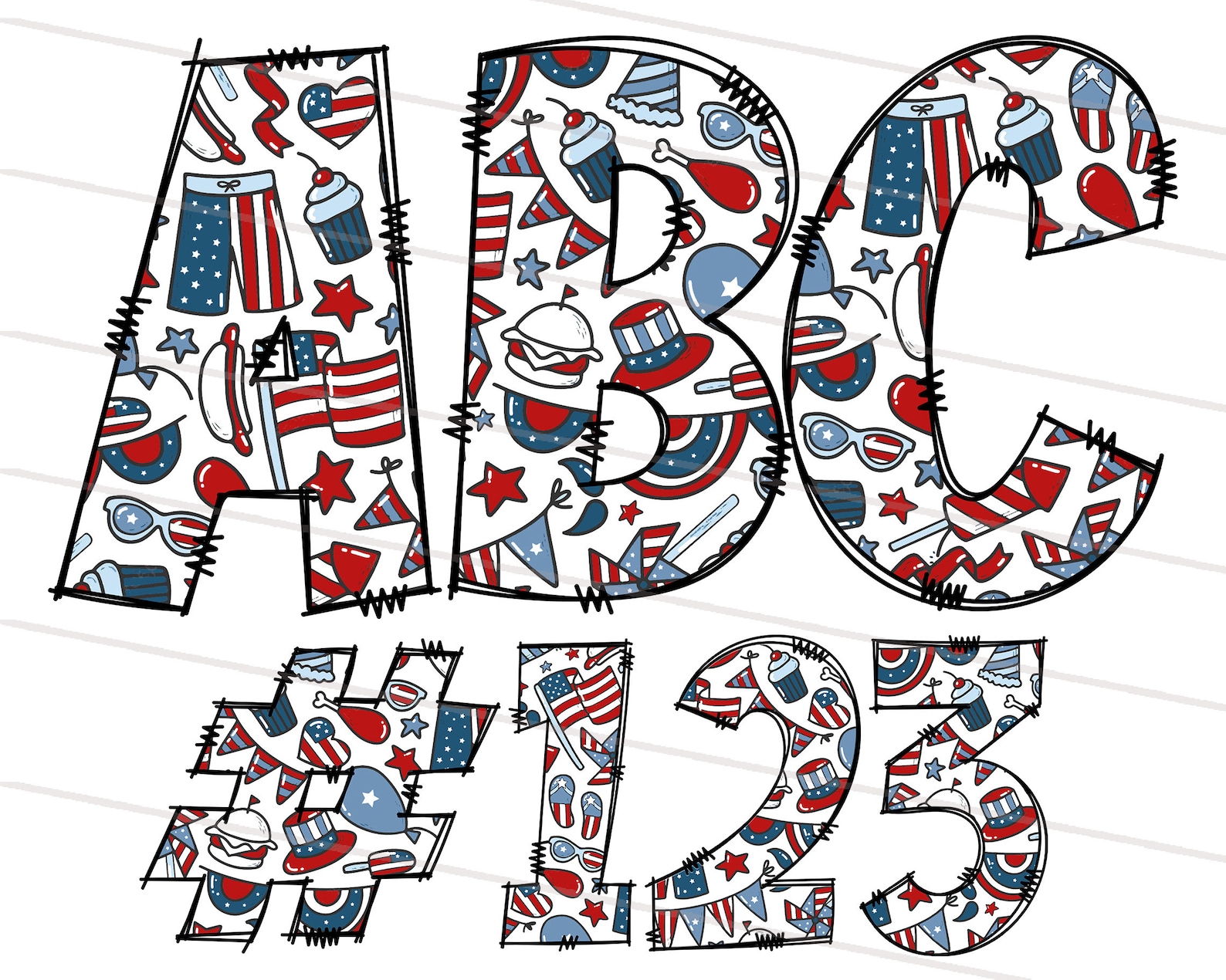 4th of July Alphabet Letters PNG Bundle, Patriotic American Flag Doodle ...