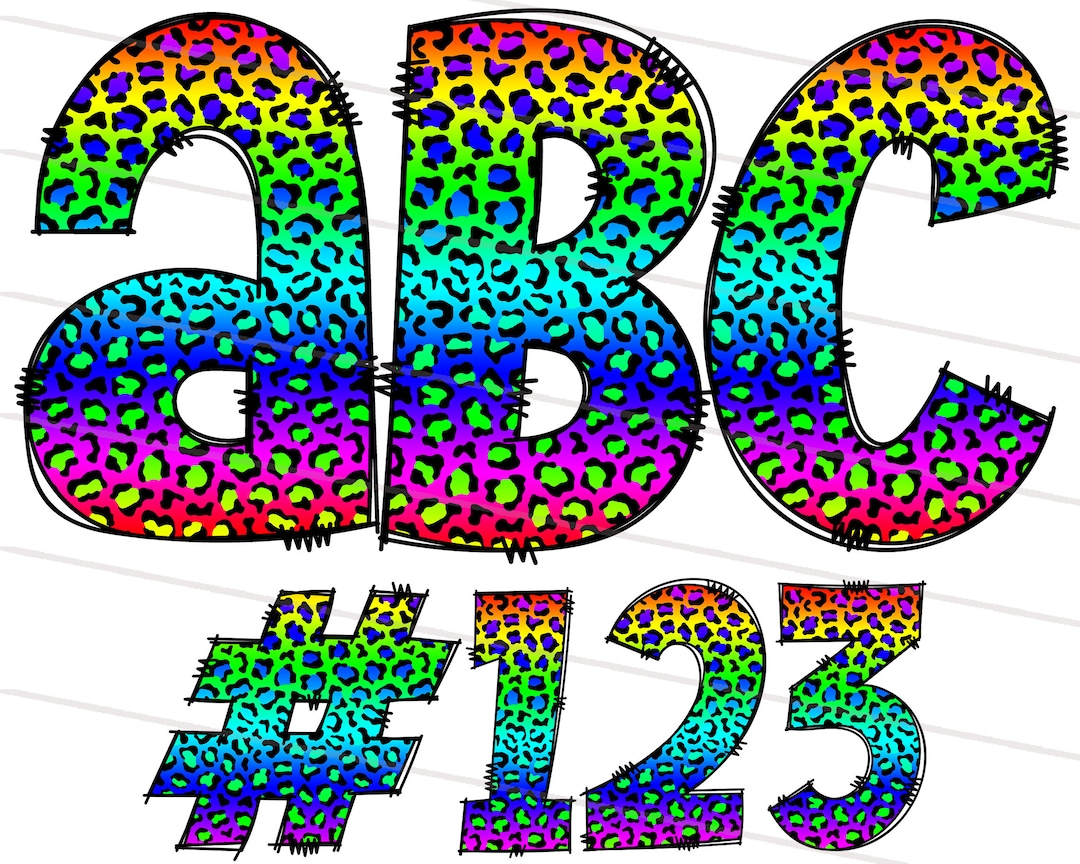 Rainbow Leopard Doodle Font Bundle PNG, Hand Drawn Cheetah Letter ...
