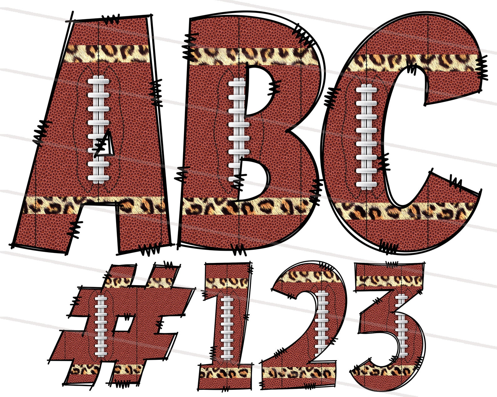 Leopard Football Doodle Font Bundle PNG, Cheetah Football Stitching ...