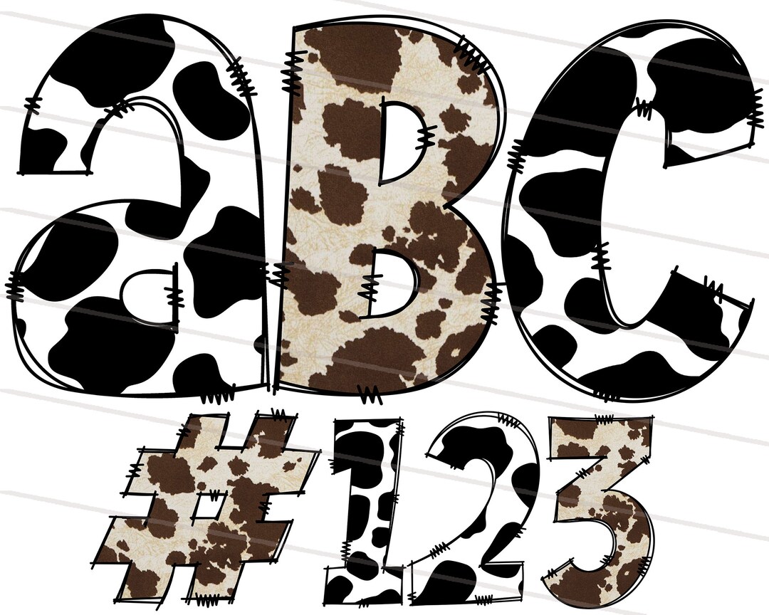 3 Different Western Cow Hide Doodle Font Bundle PNG, Hand Drawn Cow ...