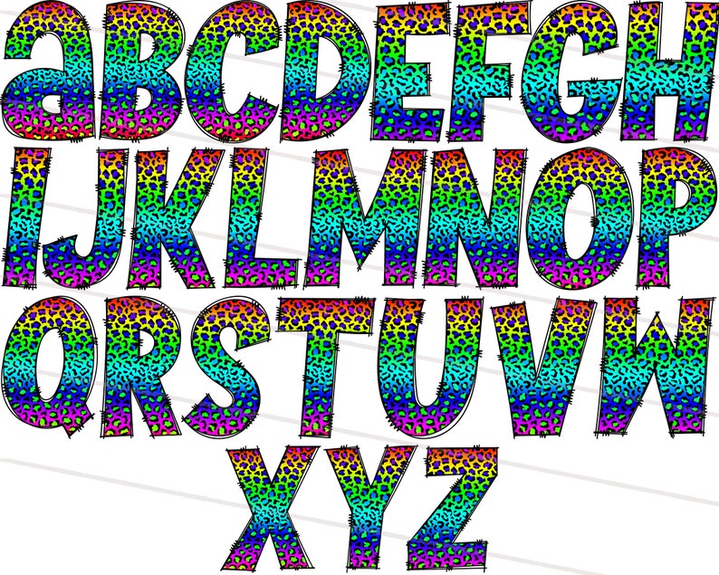 Rainbow Leopard Doodle Font Bundle PNG, Hand Drawn Cheetah Letter ...