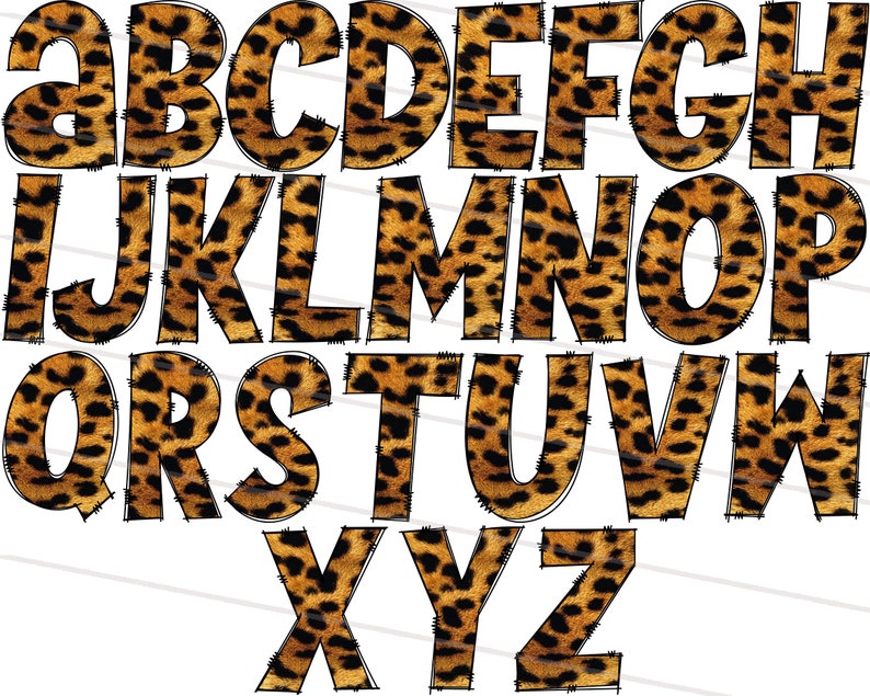 5 Different Leopard Doodle Font Bundle PNG, Hand Drawn Cheetah Letter ...