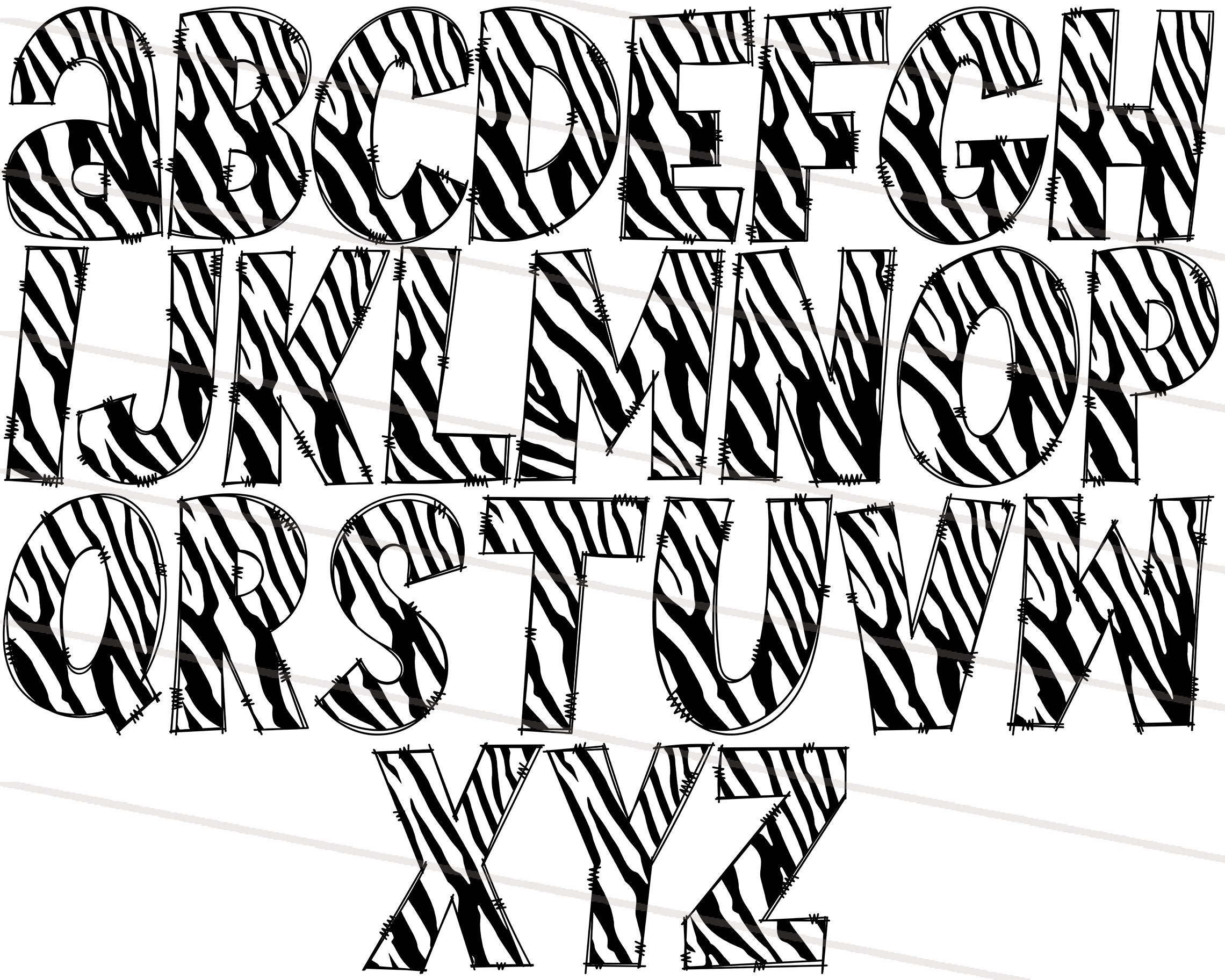 Tiger, Giraffe and Zebra Doodle Font Bundle PNG, Hand Drawn Animal ...