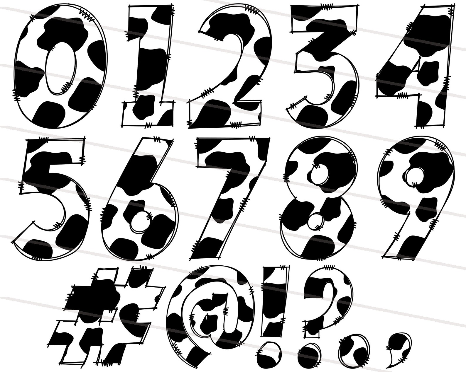 VOL 1- Black and White Cow Doodle Font Bundle PNG, Hand Drawn Cow ...
