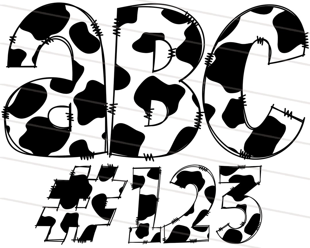 VOL 1- Black and White Cow Doodle Font Bundle PNG, Hand Drawn Cow ...