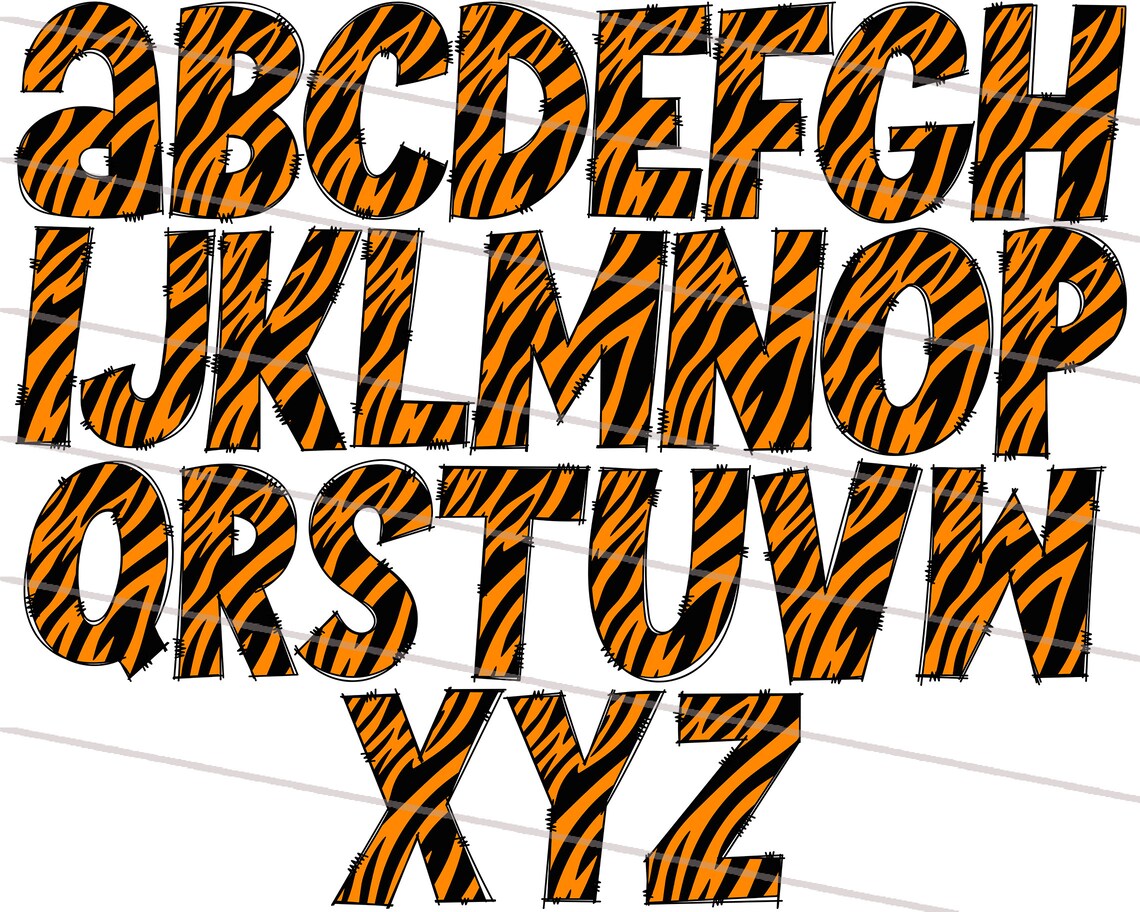 Tiger, Giraffe and Zebra Doodle Font Bundle PNG, Hand Drawn Animal ...