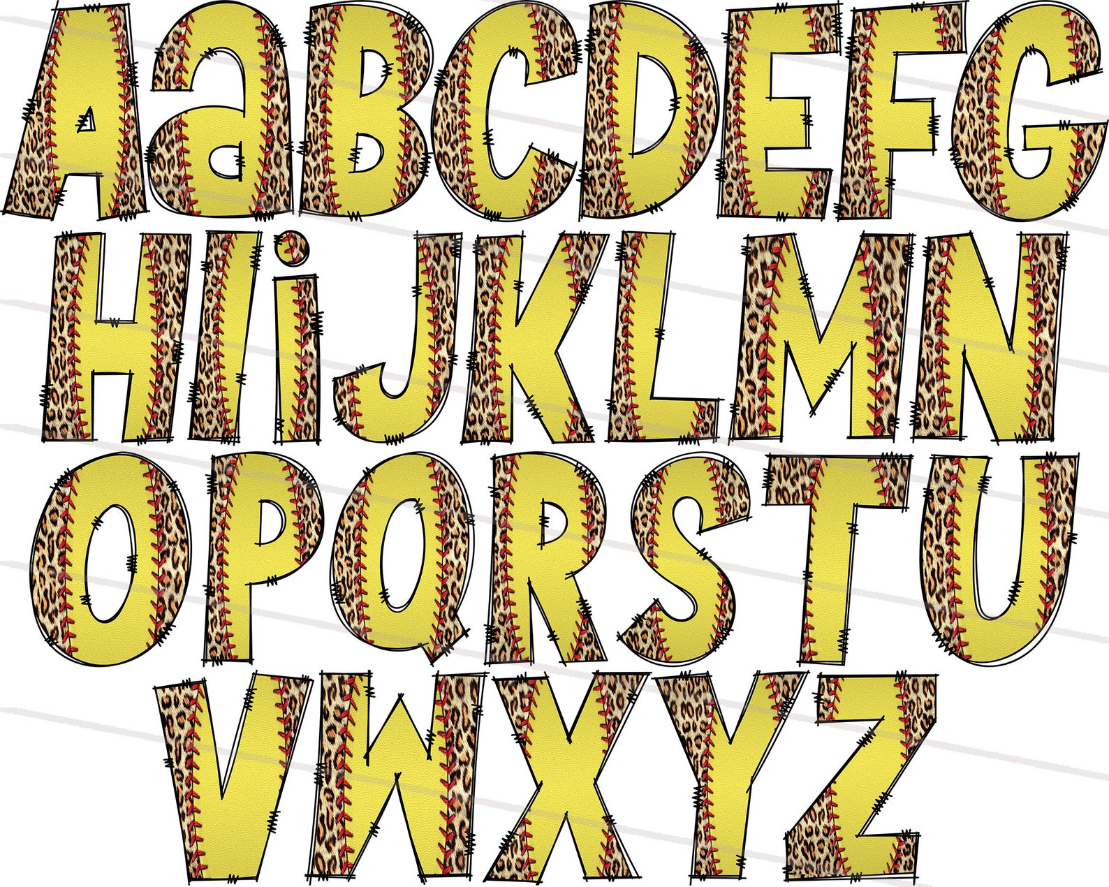 Doodle Softball Letters PNG With Leopard and Baseball Pattern Alphabet ...