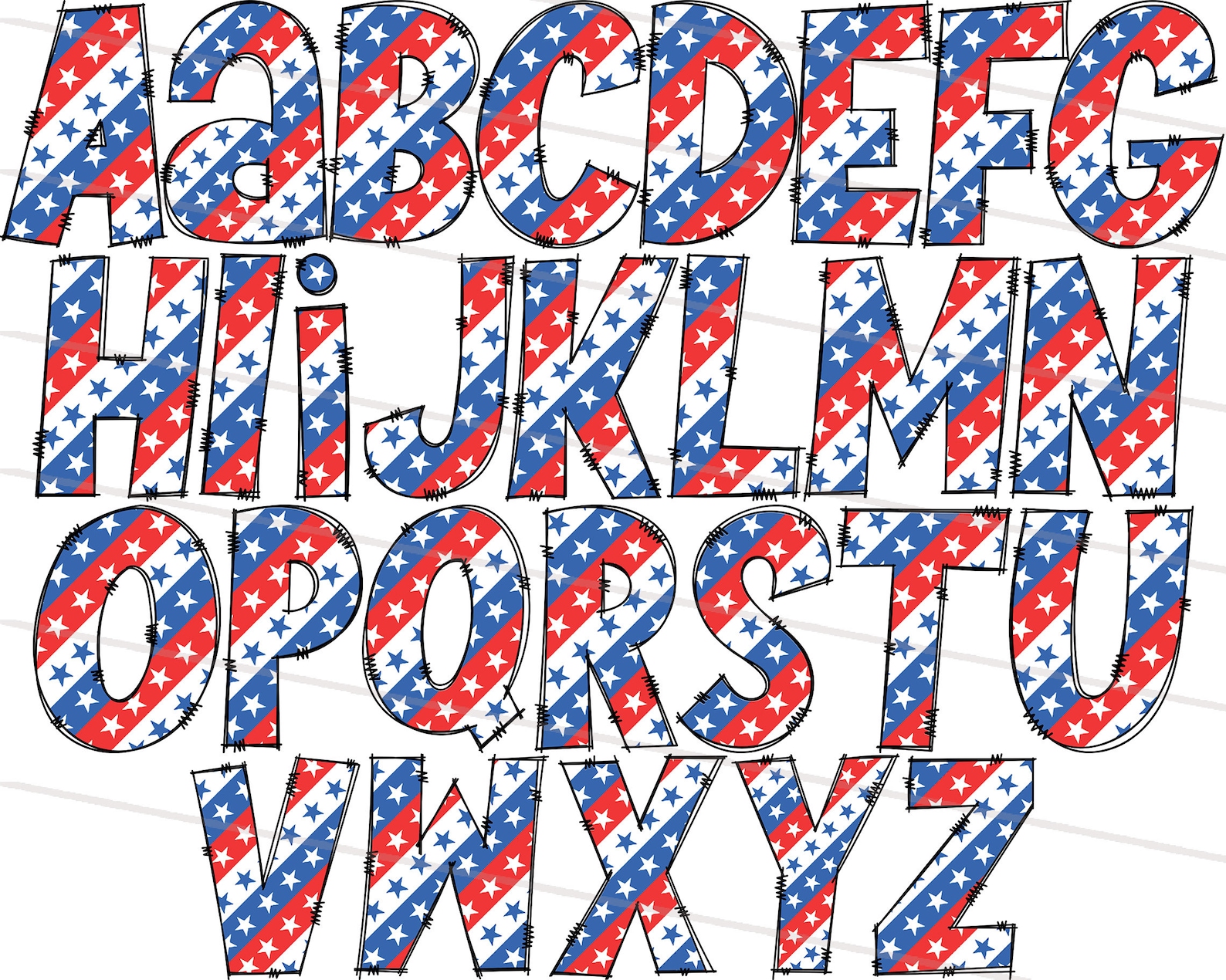 USA Flag Alphabet Letters PNG Bundle, Patriotic American Flag Doodle ...
