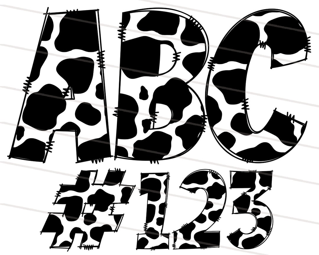 VOL 2- Black and White Cow Doodle Font Bundle SVG PNG, Hand Drawn Cow ...