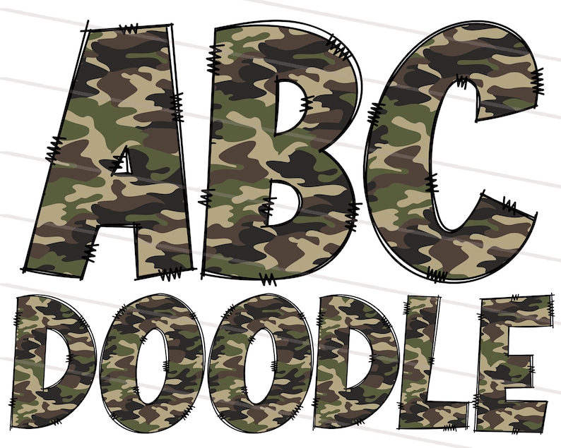 Camo Doodle Font Bundle PNG Hand Drawn Camouflage Letter | Etsy